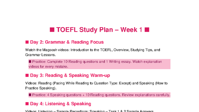 Toefl Study Plan Pink - Ingles - n TOEFL Study Plan – Week 1 n n Day 2: Grammar & Reading Focus ...