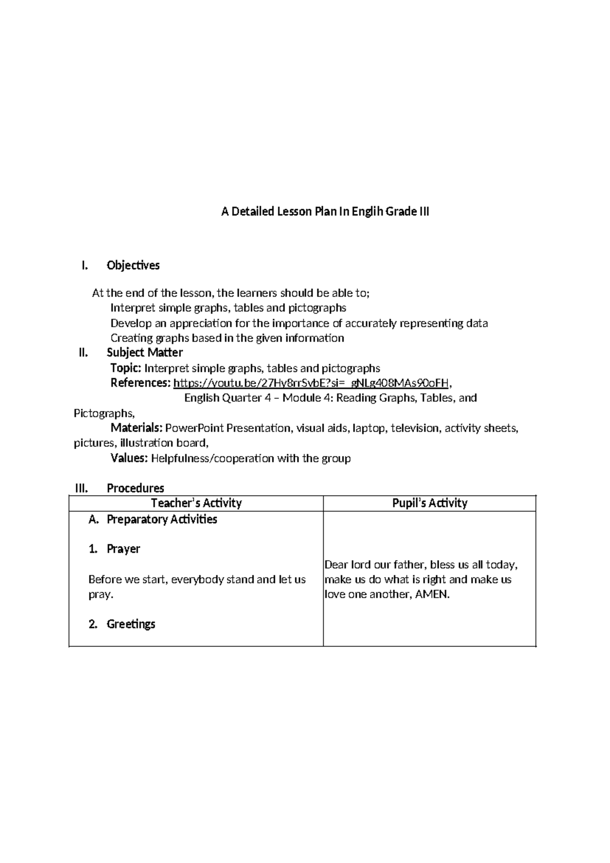 A Detailed Lesson Plan in English 3: Interpreting Graphs & Tables - Studocu