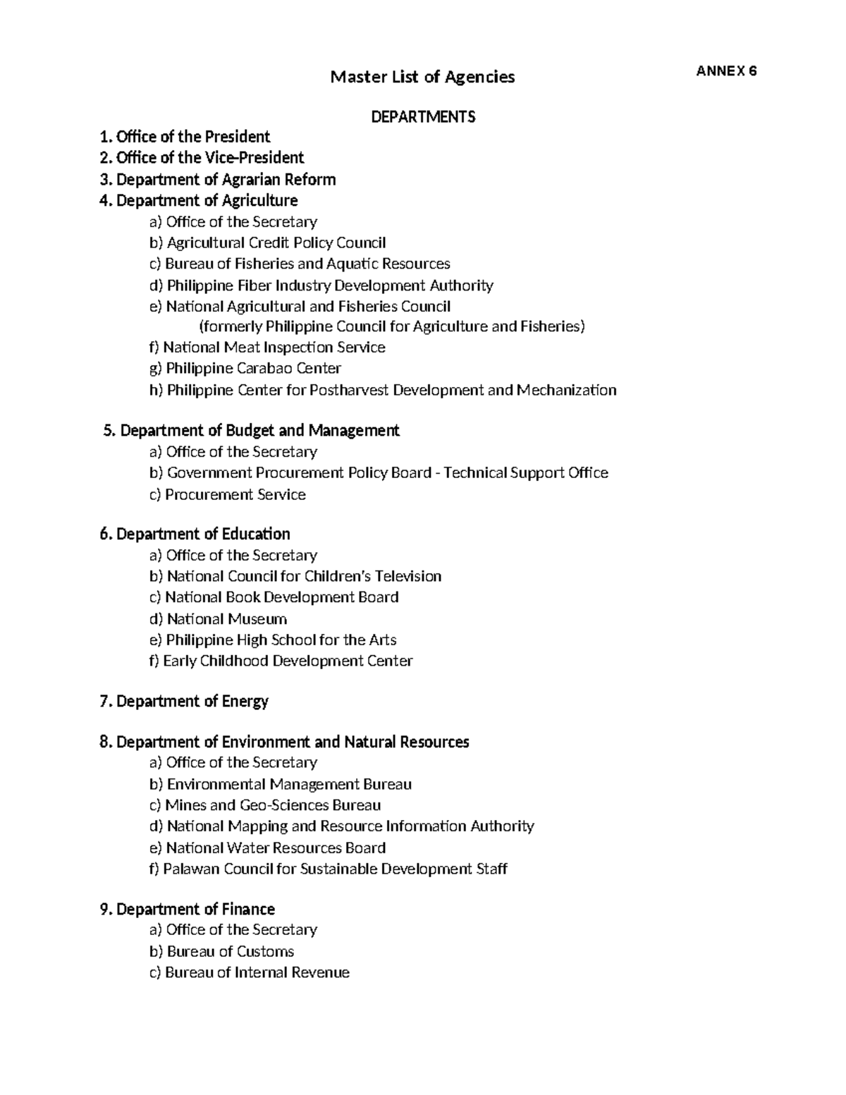 NEW Annex 6 - Comprehensive Master List of Government Agencies - Studocu