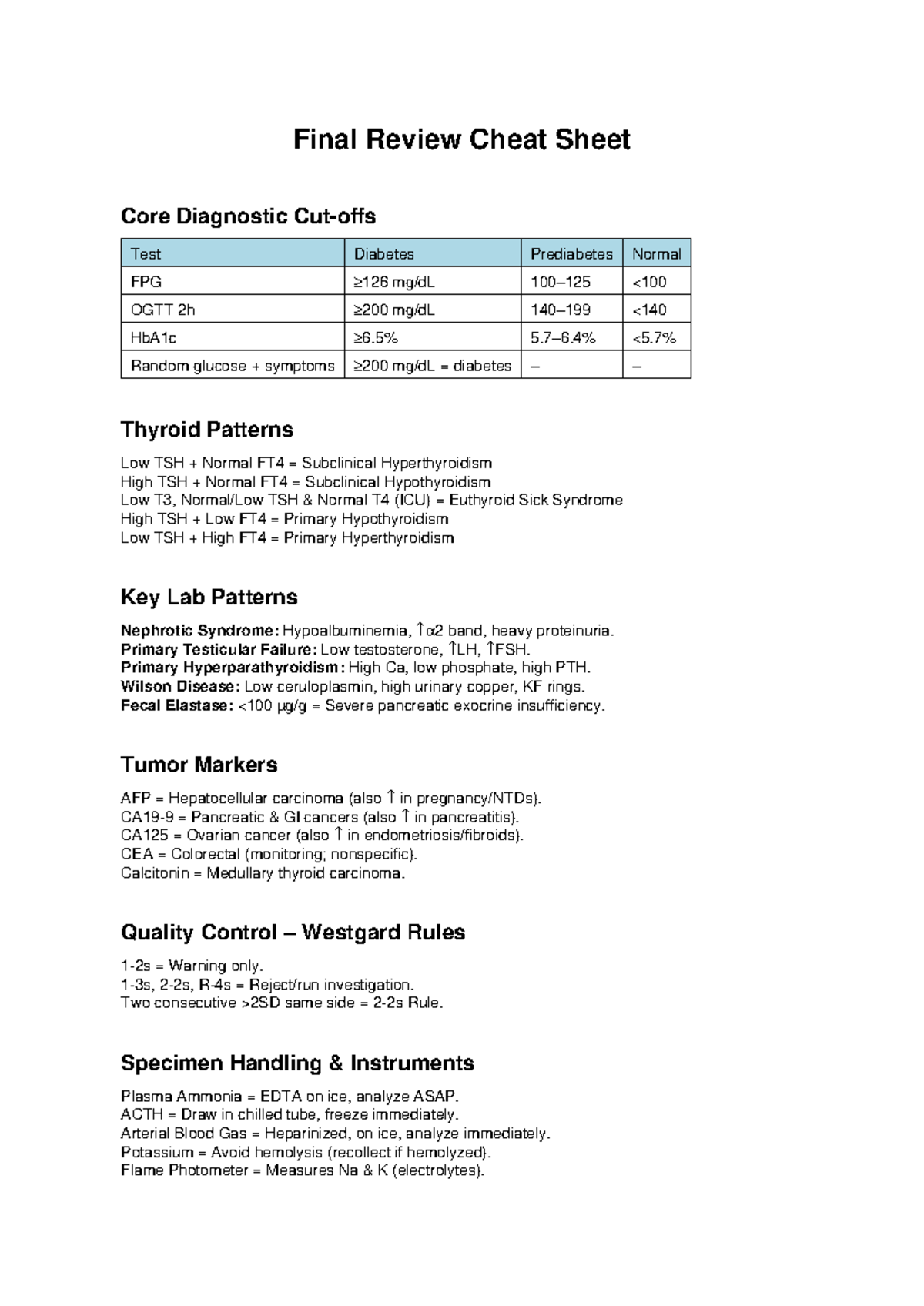 Final Review Cheat Sheet: Core Diagnostic Tests for Diabetes & Thyroid ...