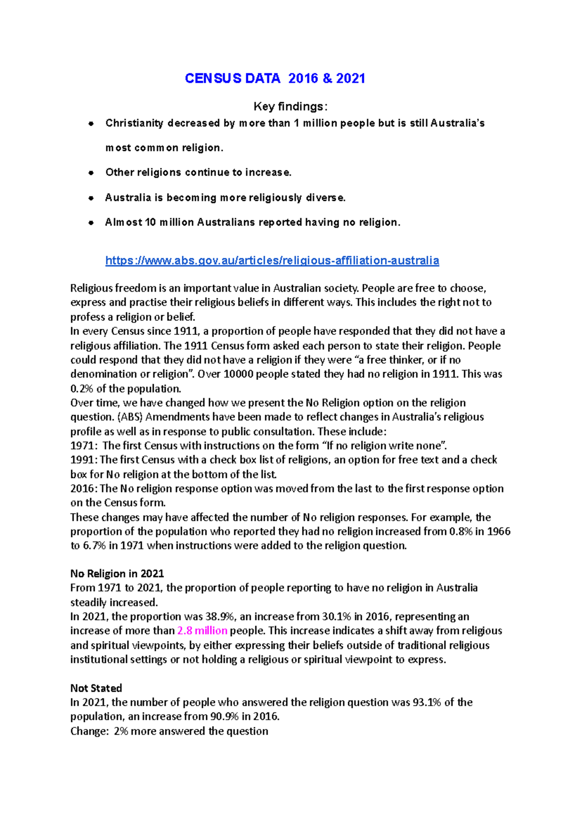 CENSUS DATA 2021: Trends in Religious Affiliation in Australia - Studocu