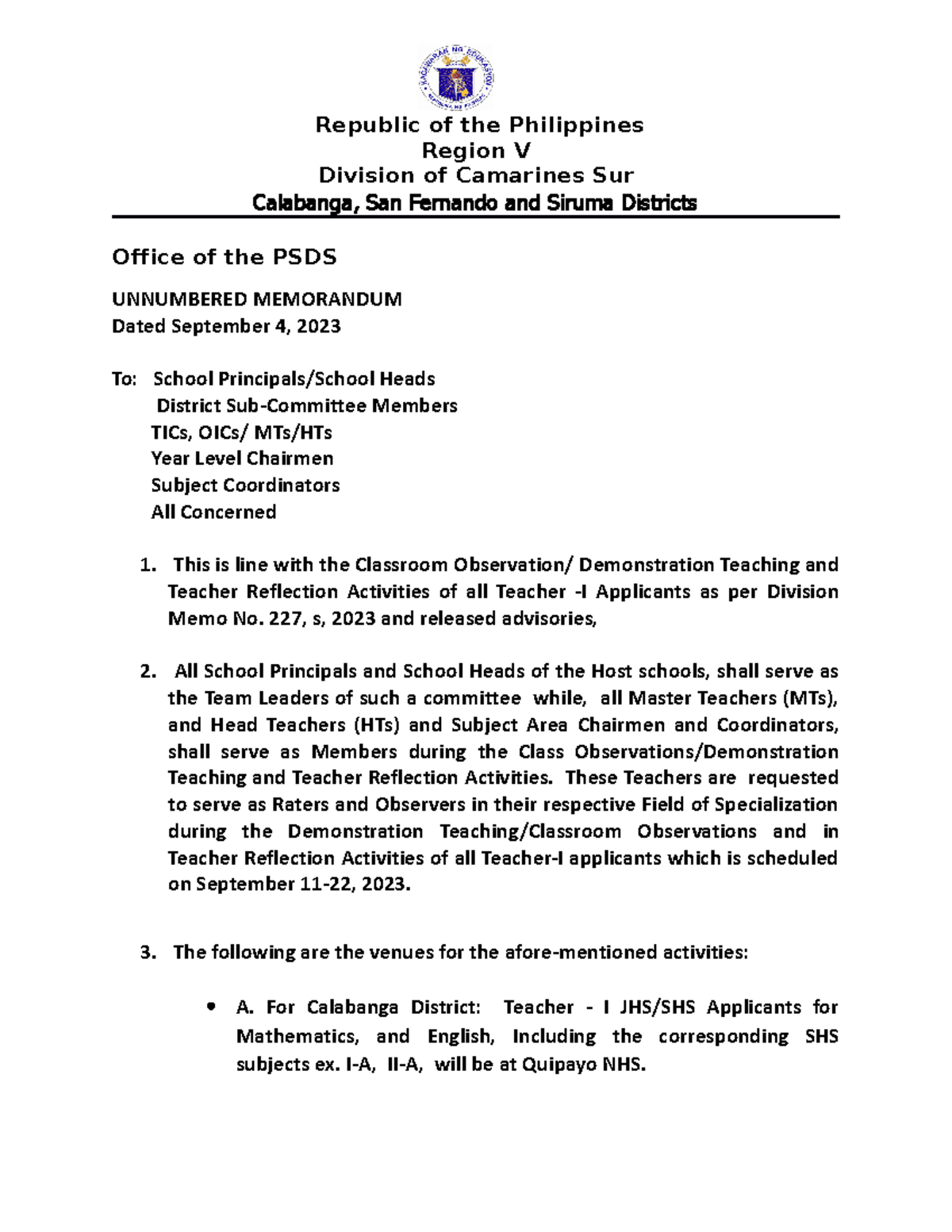 District Memo 23: Final Demo & Teacher Reflection Guidelines - Studocu