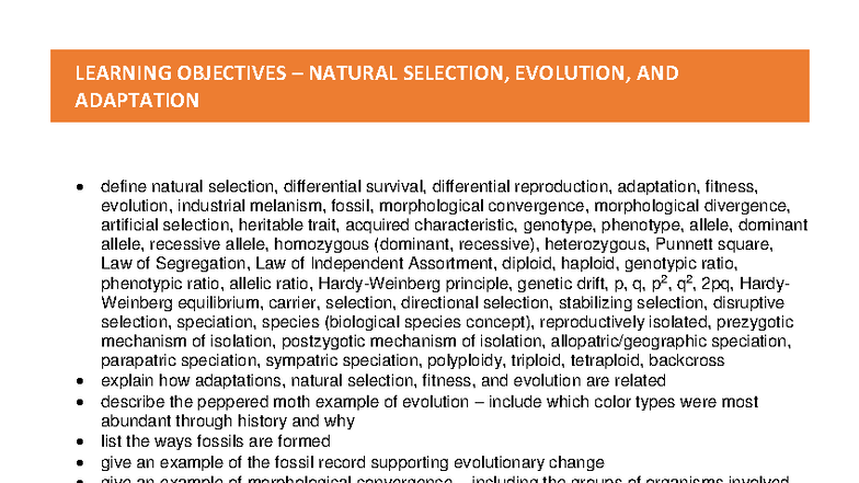 Learning Objectives: Natural Selection, Evolution & Adaptation (BIO 101) - Studocu