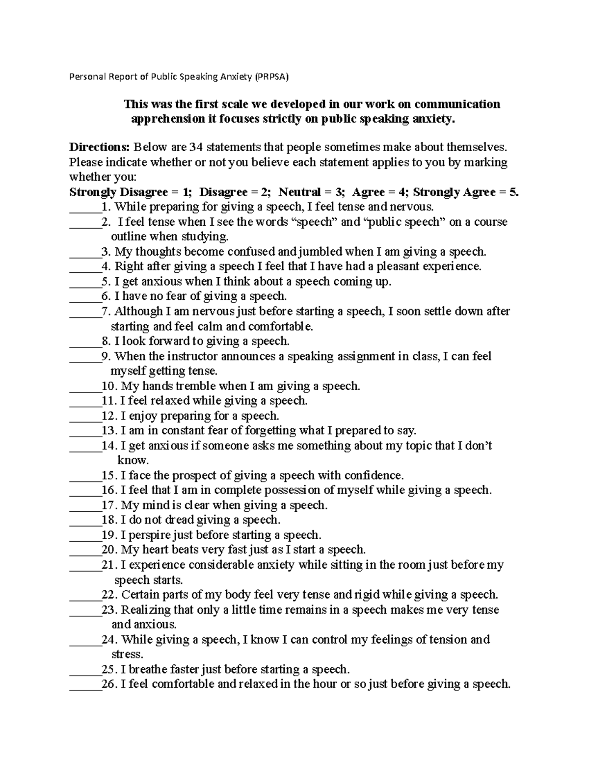 Public Speaking Anxiety Scale