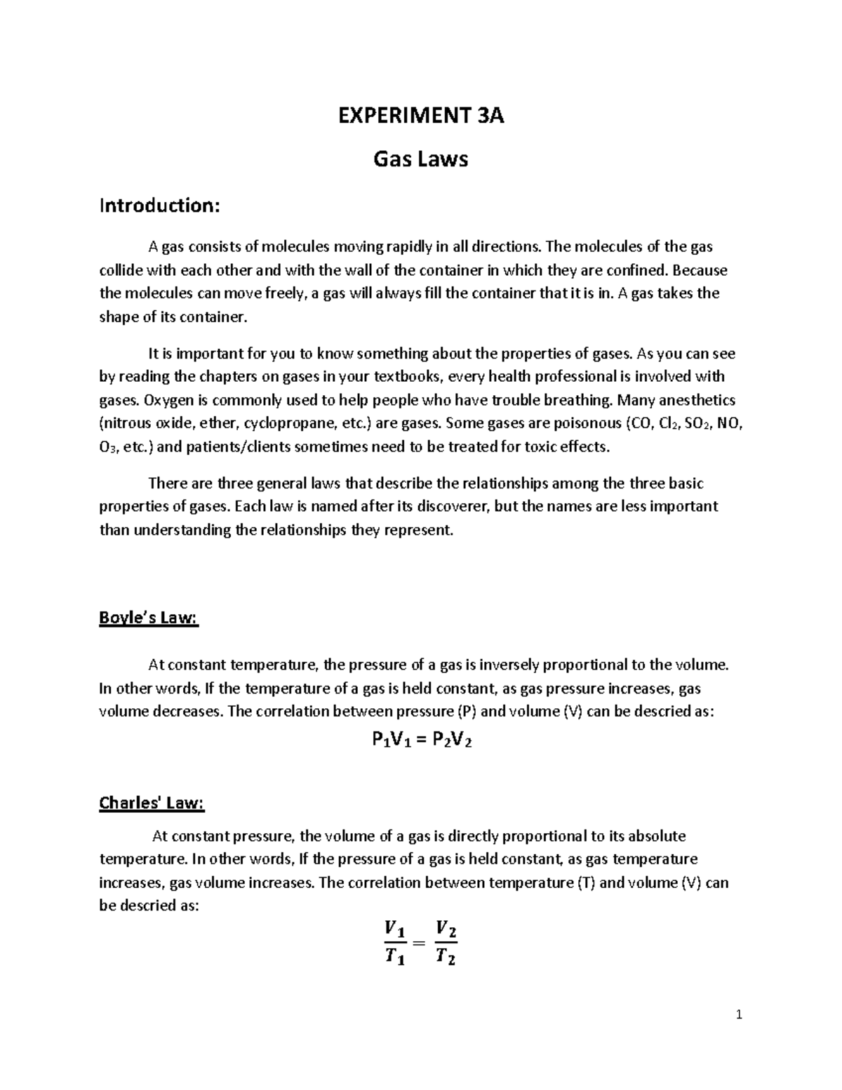 Experiment 3A: Gas Laws Overview and Key Principles - Studocu