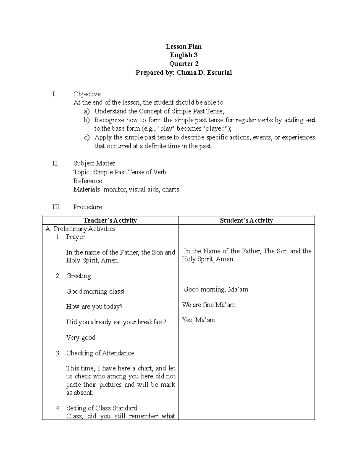 English 3 Lesson Plan: Understanding the Simple Past Tense - Studocu