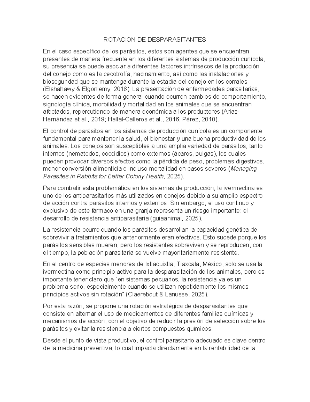 Rotación de Desparasitantes en Conejos: Estrategias y Beneficios - Studocu