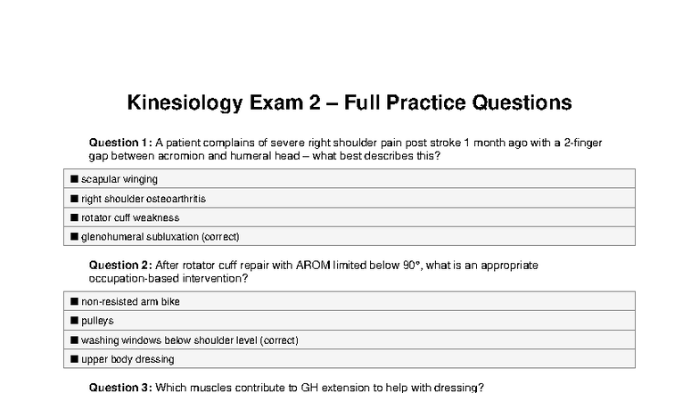 Kinesiology Exam 2 Comprehensive Practice Questions - Studocu