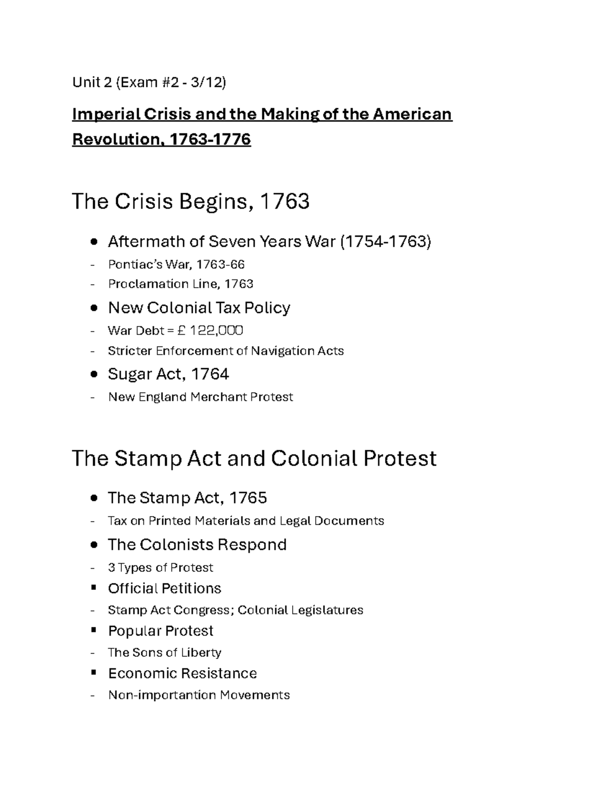 Unit 2: Exam #2 - Imperial Crisis and American Revolution - Studocu