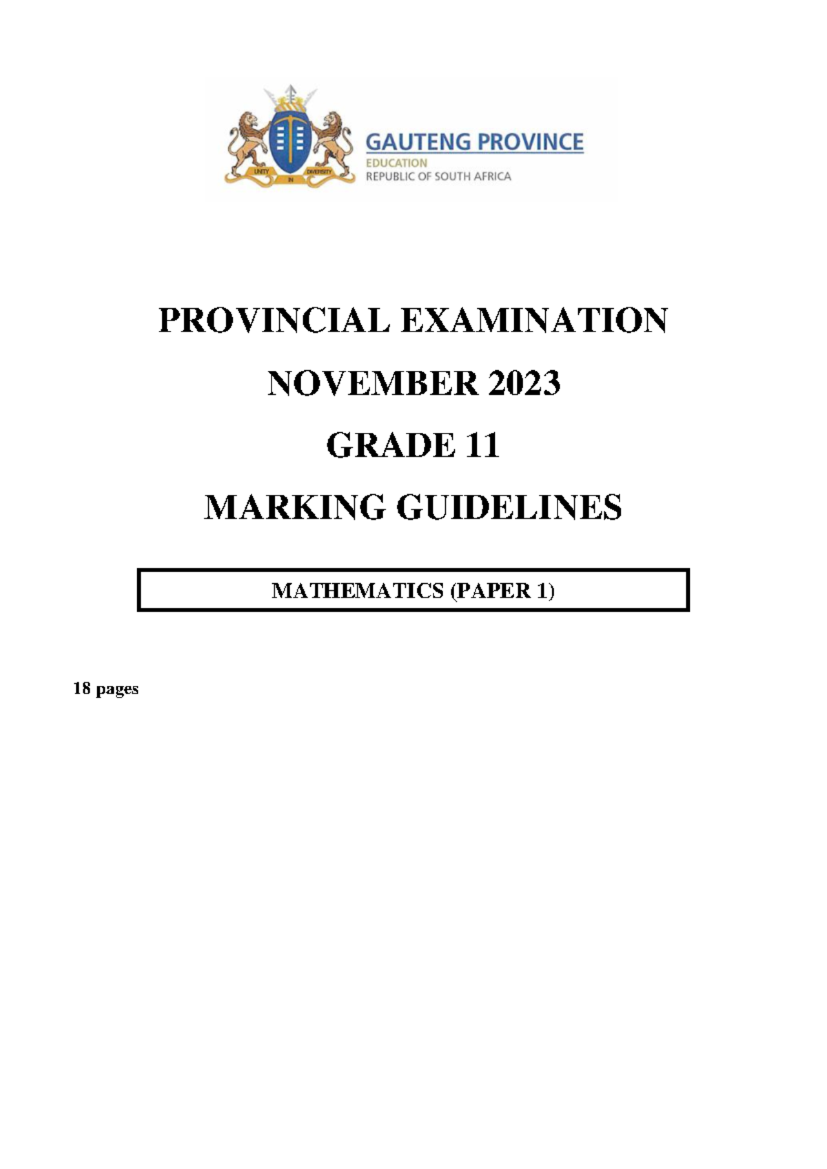 Gauteng Grade 11 Mathematics November 2023 Exam Paper 1 Marking ...