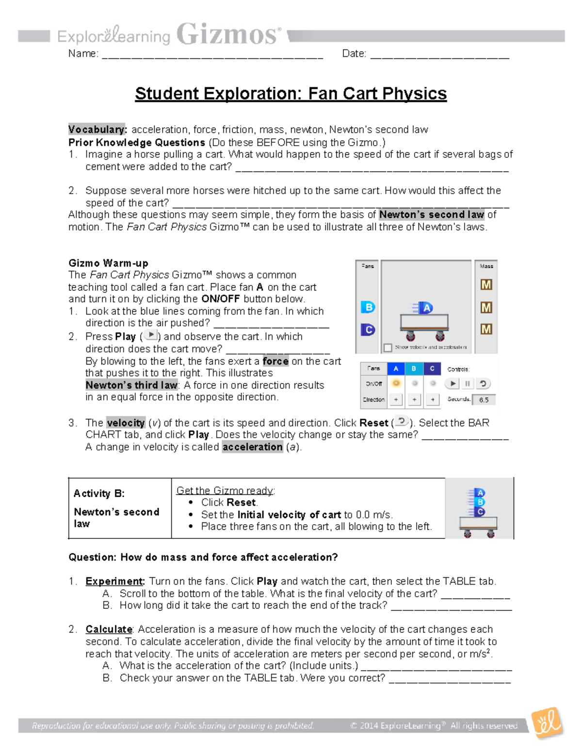Fan Cart Physics Exploration: Understanding Forces & Acceleration - Studocu