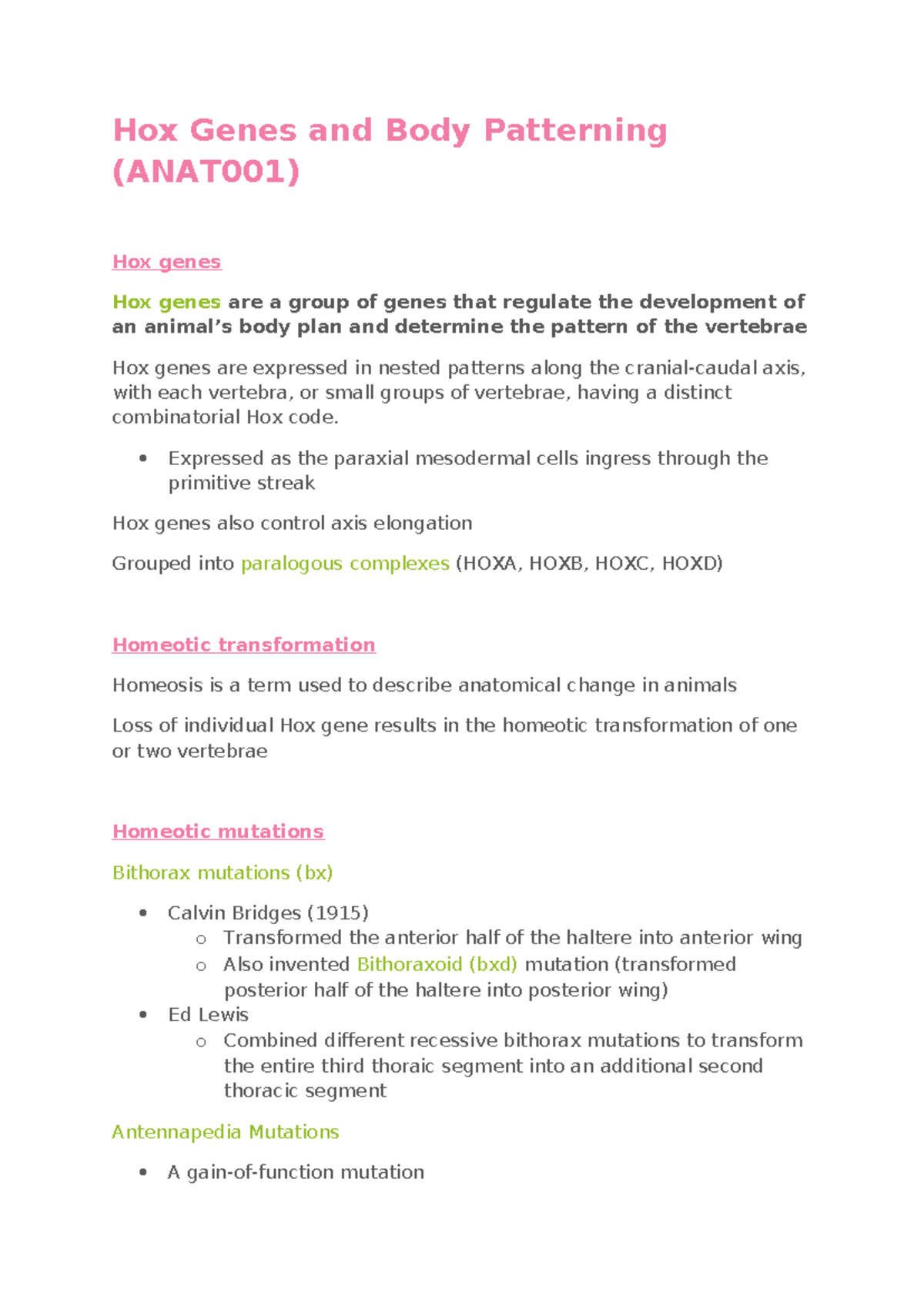 Hox Genes and Body Patterning Overview (ANAT001) - Studocu