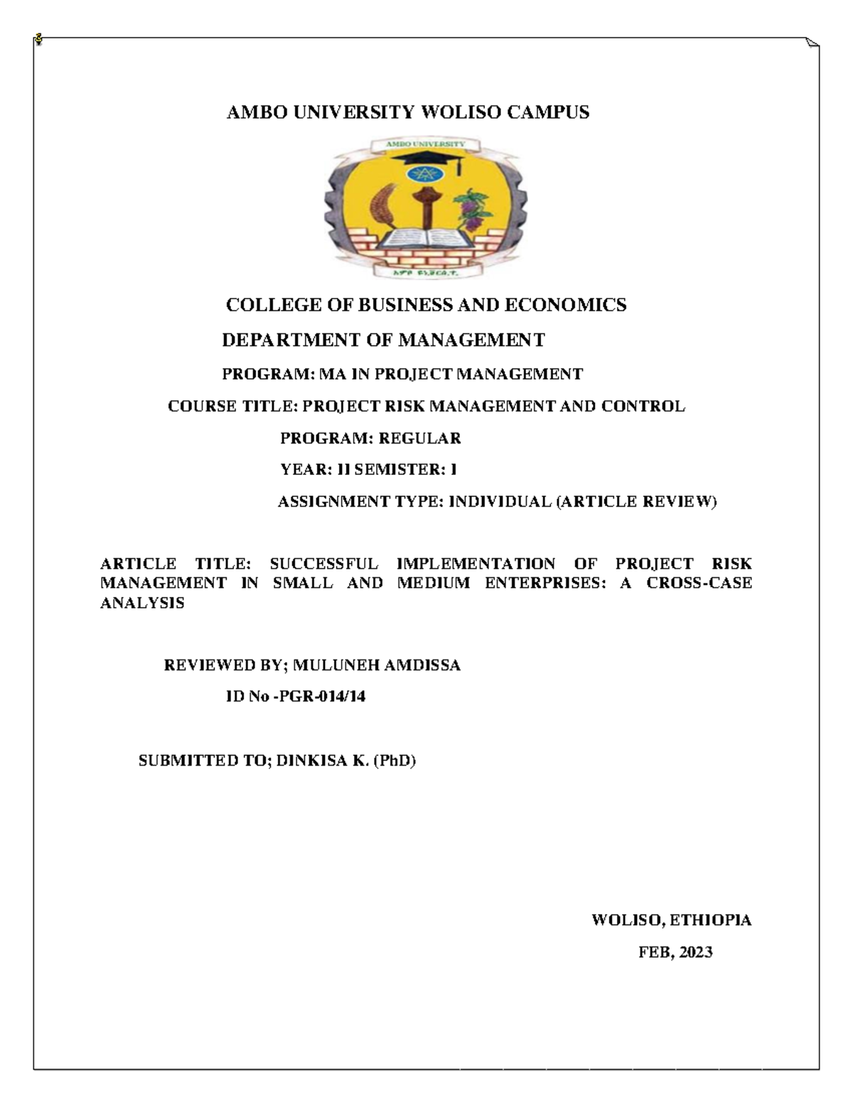 Muluneh Amdissa PGR 014 14 Project Risk Mangement and control Article ...