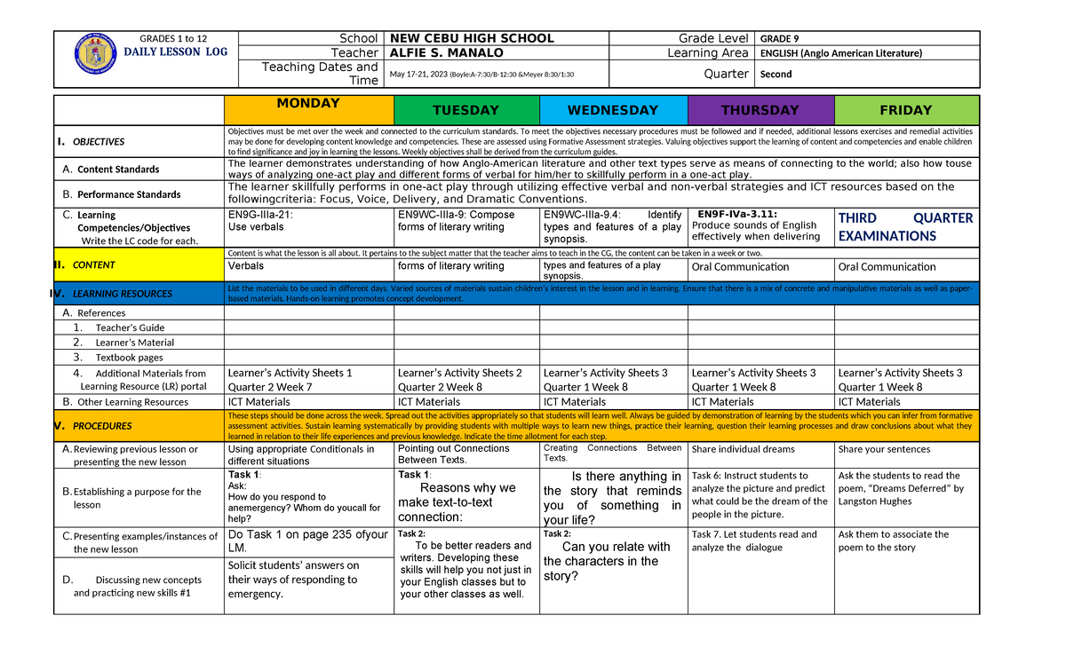 GRADE 9 ENGLISH DAILY LESSON LOG: Jan 15-19, 2024 - Studocu