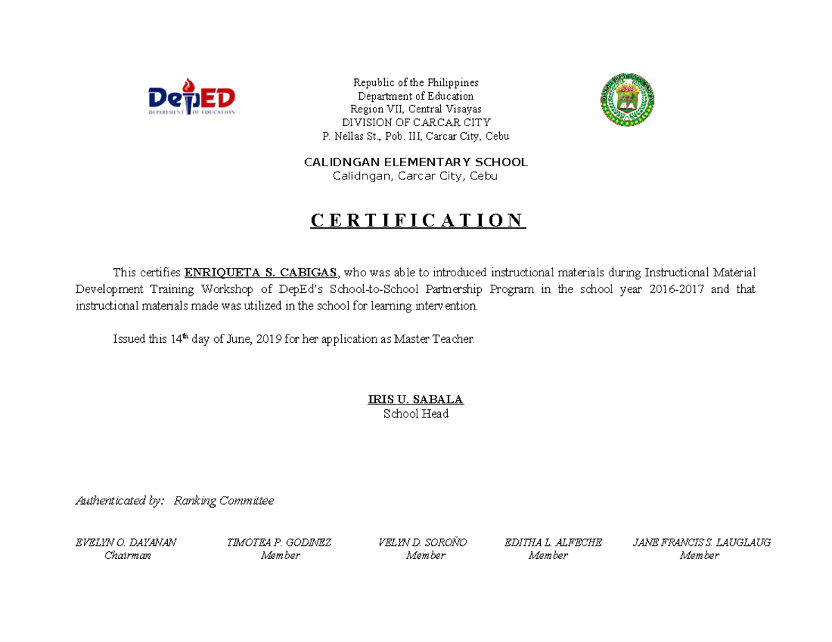 Certification of Instructional Materials in DepEd Training Workshop ...
