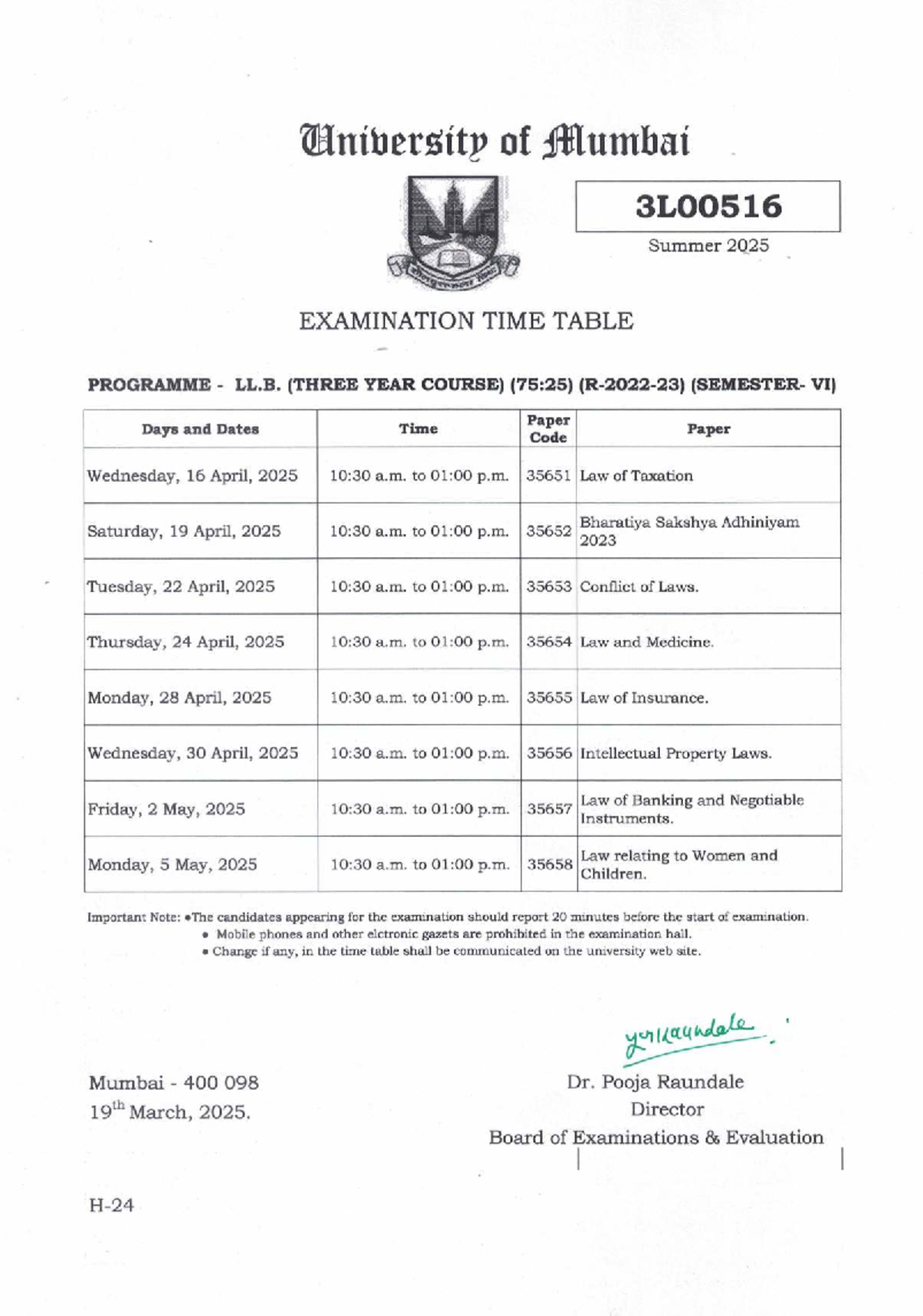3L00516 - LL.B. Summer 2025 examination time table and guidelines - Studocu