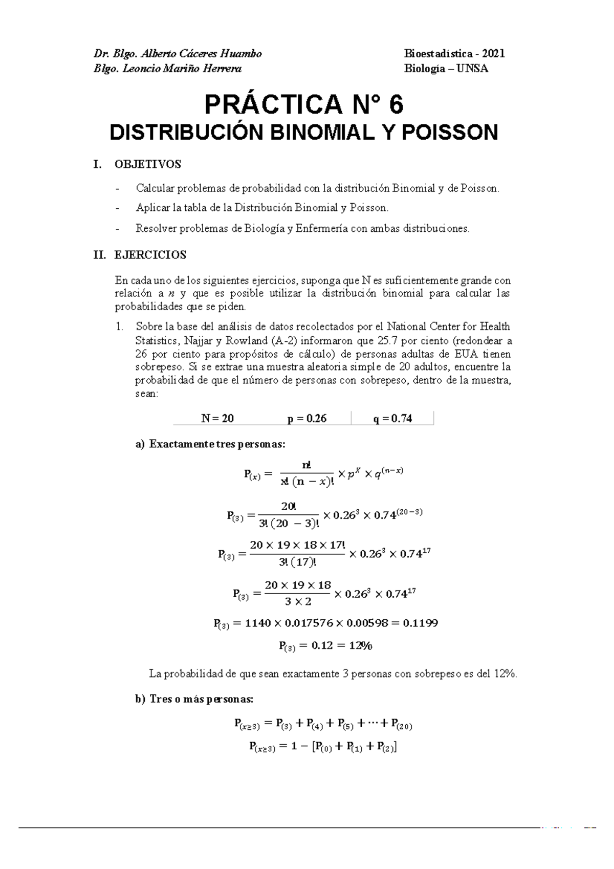 Práctica 6: Distribución Binomial y Poisson - Bioestadística 2021 UNSA ...