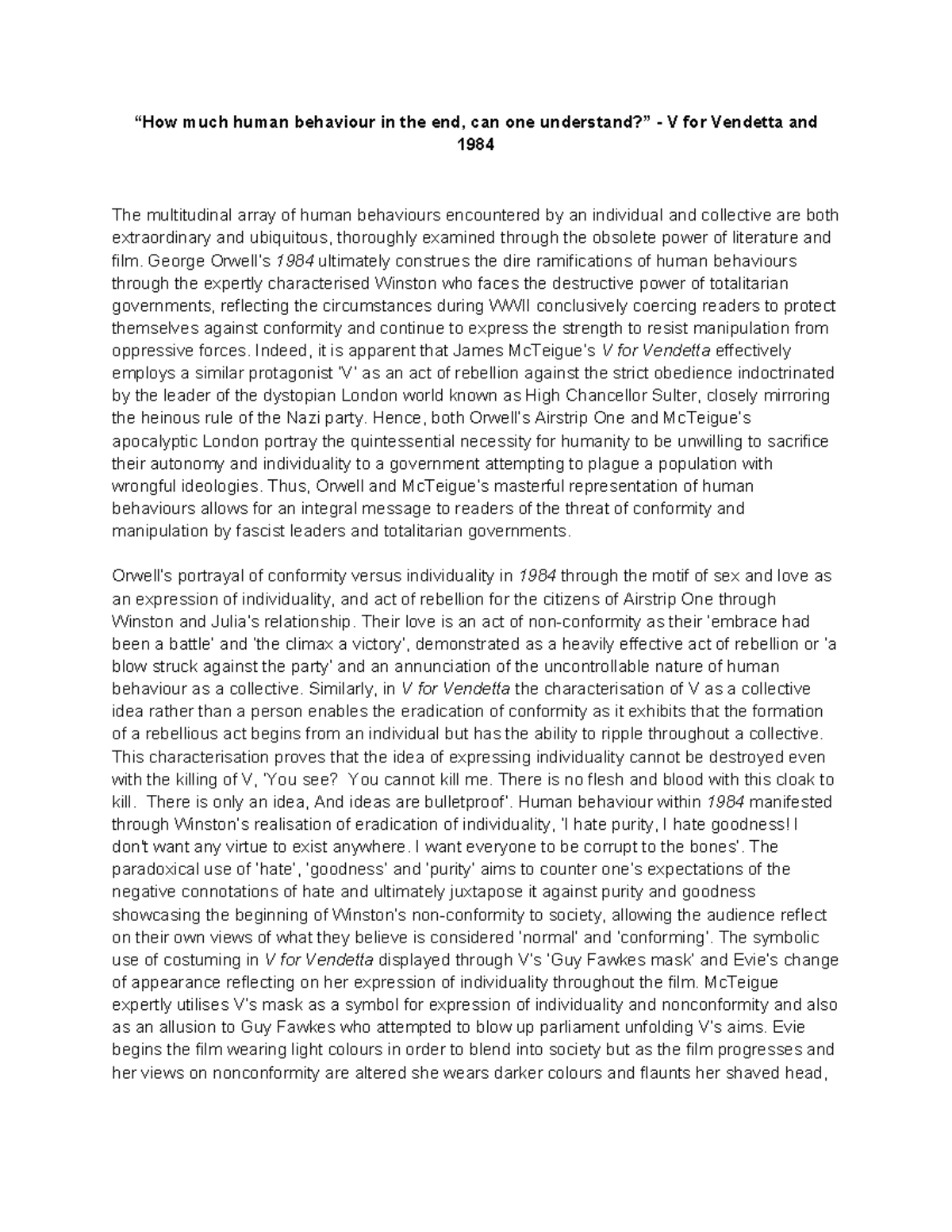 ENG101 1984 vs V for Vendetta: A Comparative Essay on Human Behavior ...