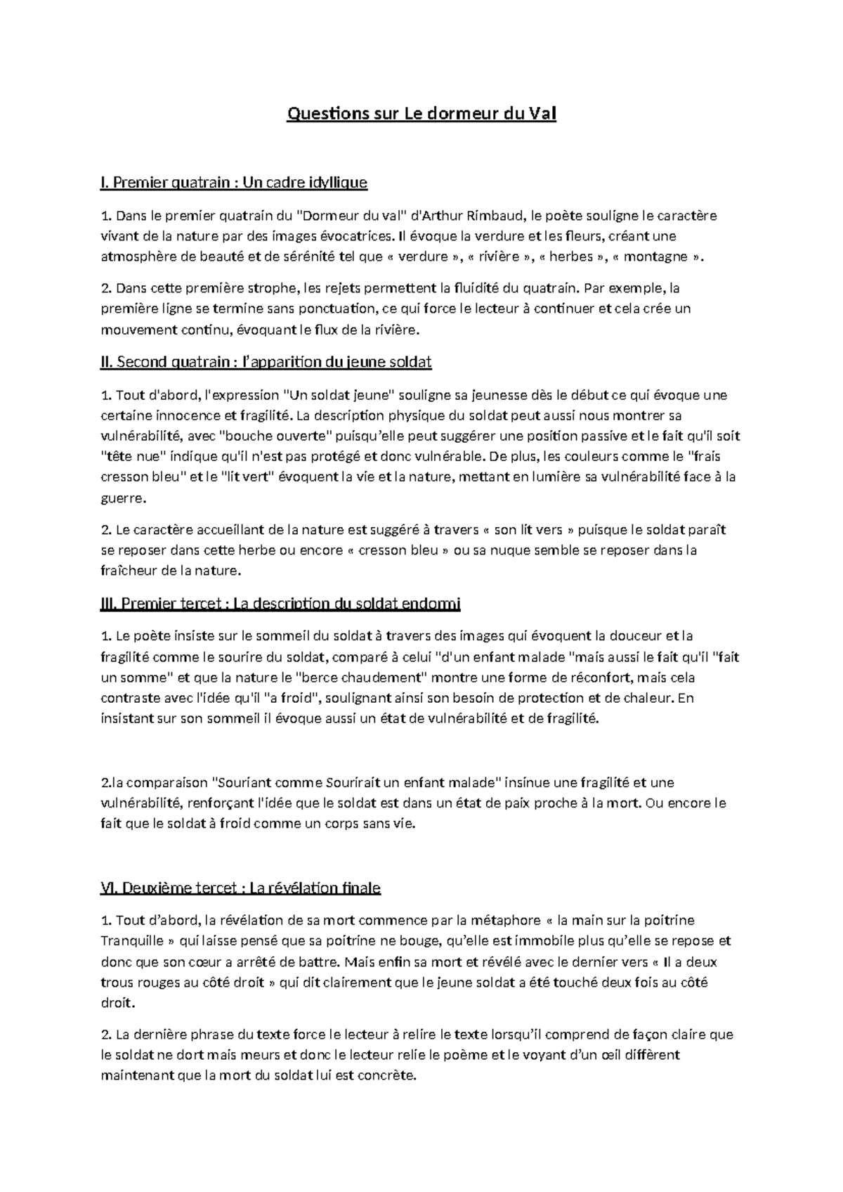 Questions sur LL - Analyse du poème "Le dormeur du Val" - Studocu
