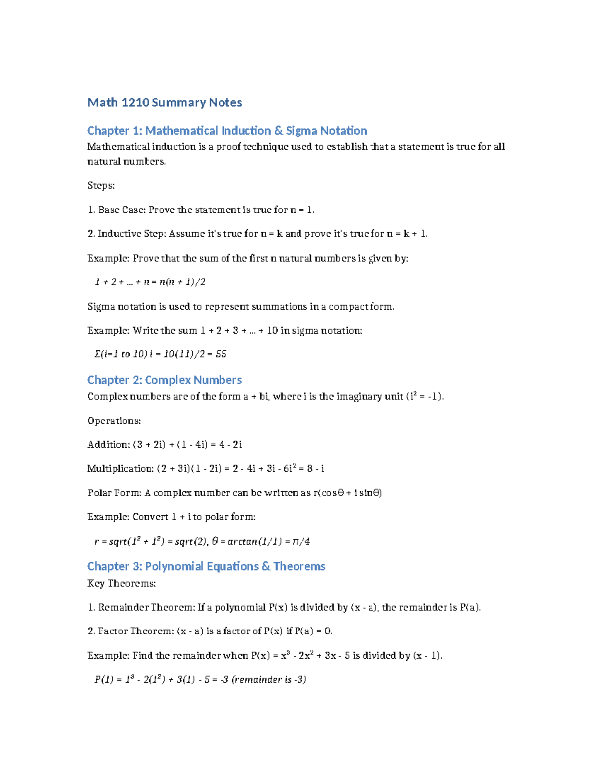 Math 1210 Summary Notes: Induction, Sigma, Complex Numbers ...