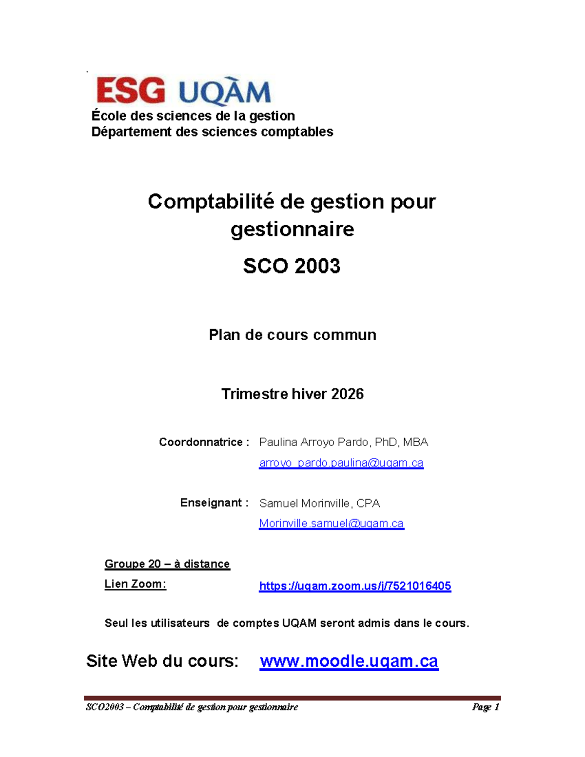 SCO2003 Plan de cours - Comptabilité de gestion pour gestionnaire Gr 20 ...