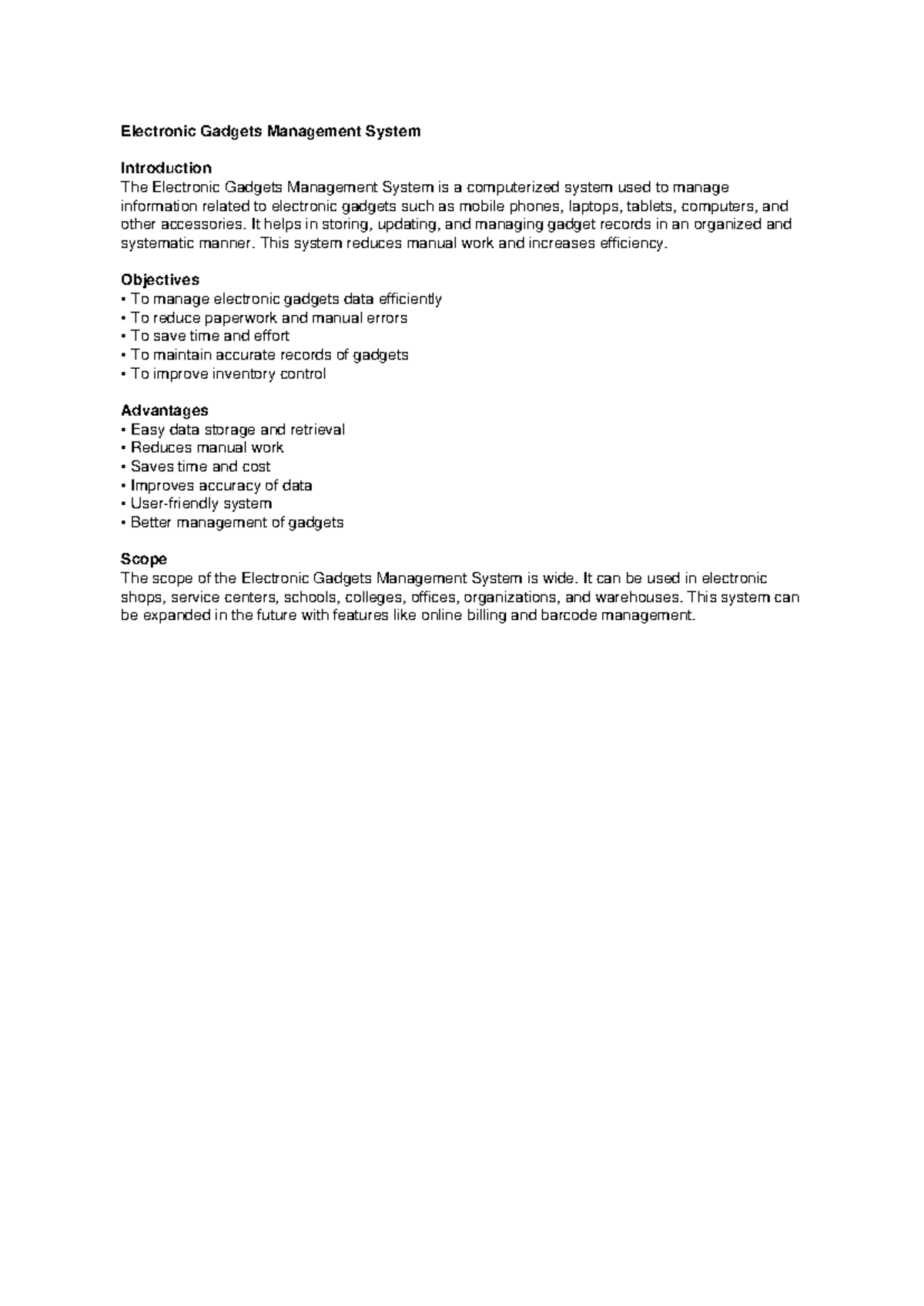 Electronic Gadgets Management System Project-2 Overview - Studocu