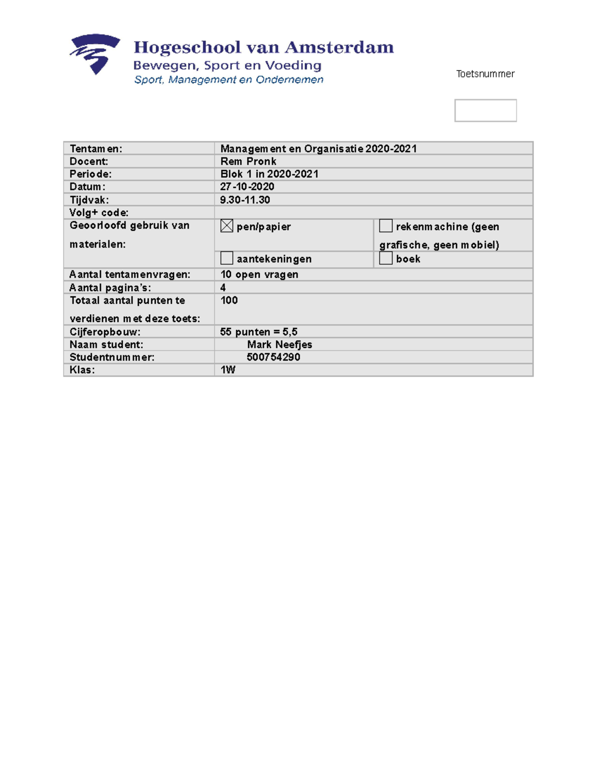 M&O tentamen 2021 studentenversie Mark Neefjes - Toetsnummer Tentamen ...
