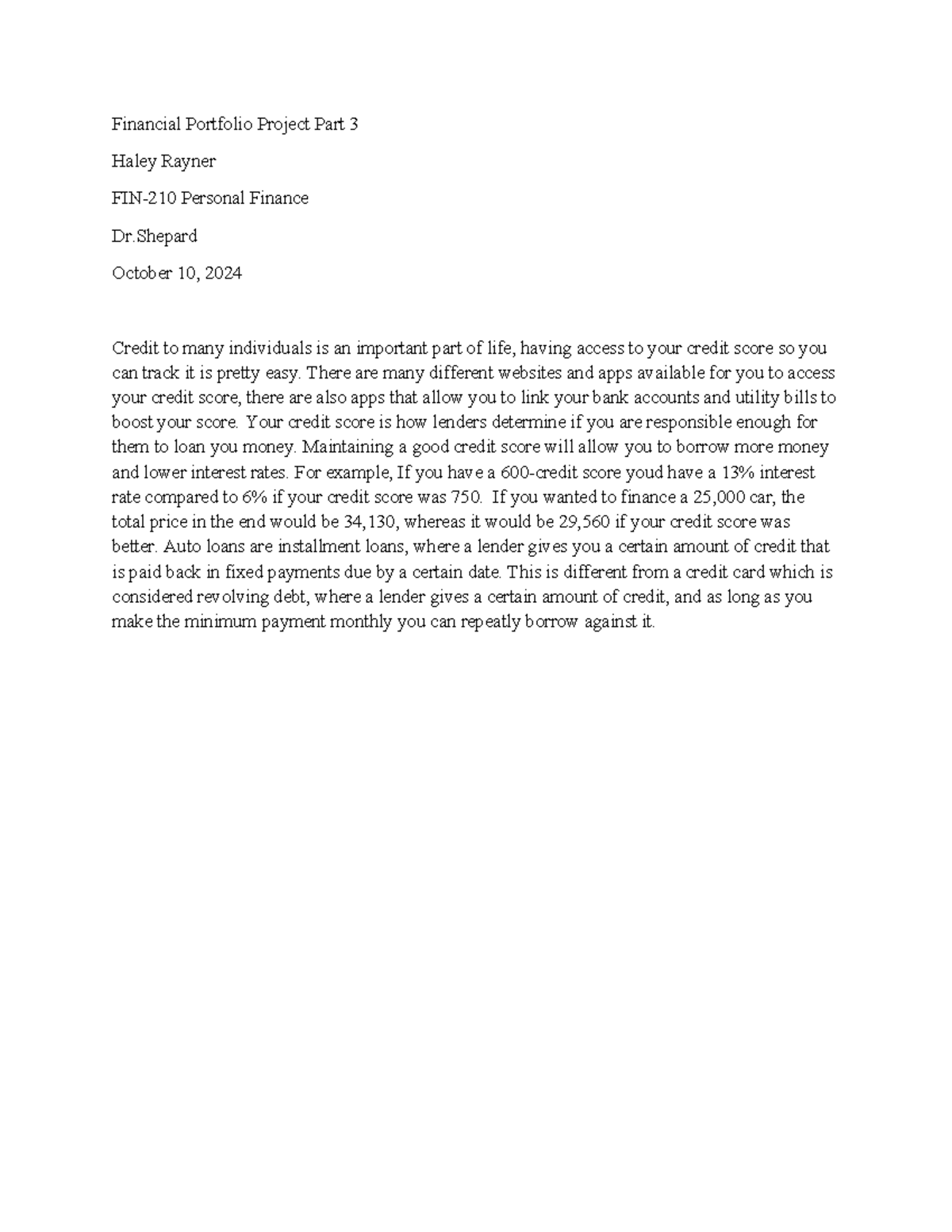 FIN-210 Personal Finance Portfolio Project: Credit Score Insight - Studocu