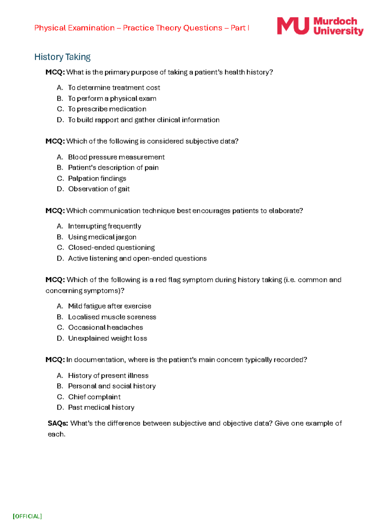 CHI293 - Physical Examination Theory Questions: History Taking & Cases ...