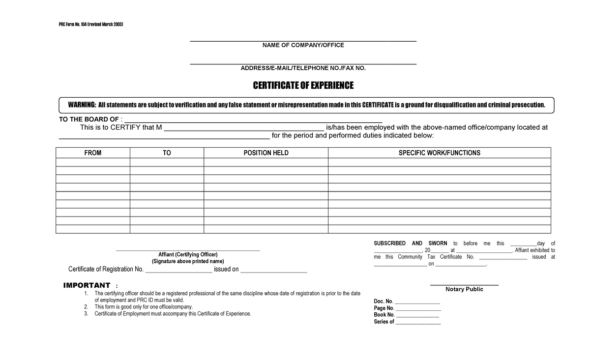 Cert. of Experience - PRC Form No. 104 for Employment Verification ...