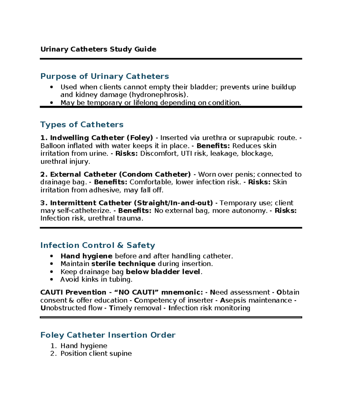 Urinary Catheters Study Guide: Types, Uses, & Nursing Care - Studocu
