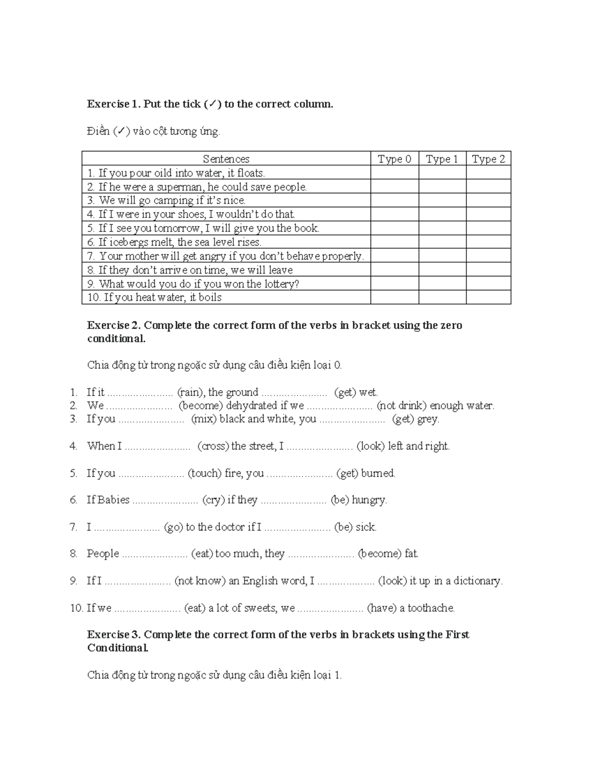 Topic 12: Conditional Sentences (Types 0, 1, 2) Exercises - Studocu