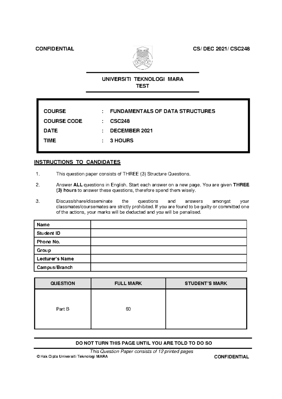 TEST CSC248 Final Exam December 2021: Data Structures Questions - Studocu