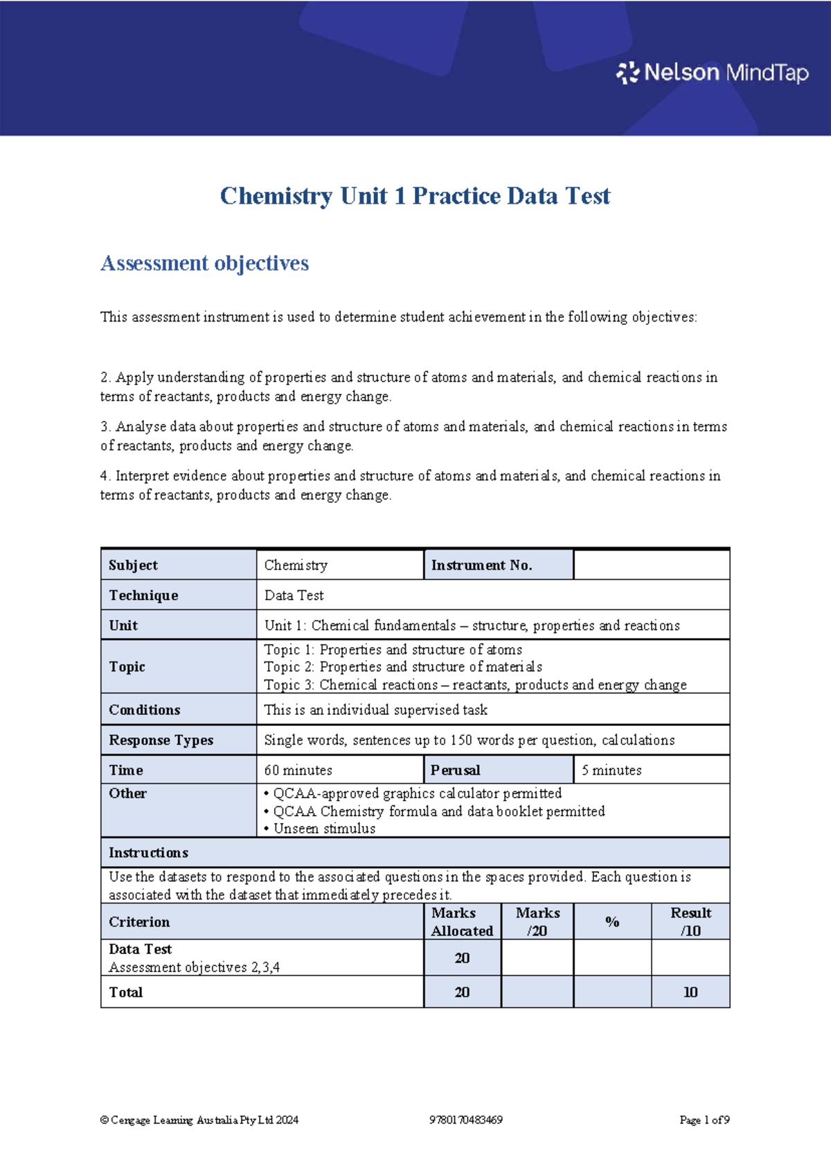 Chemistry Unit 1 Practice Data Test: Atoms & Reactions Analysis - Studocu
