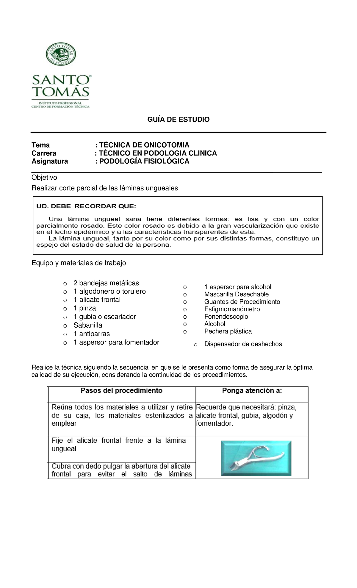 Técnica de Onicotomía: Guía de Estudio para PODOLOGÍA FISIOLÓGICA - Studocu