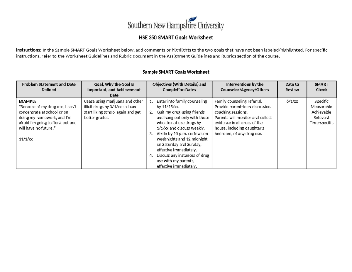 HSE 350 SMART Goals Worksheet: Instructions & Guidelines - Studocu