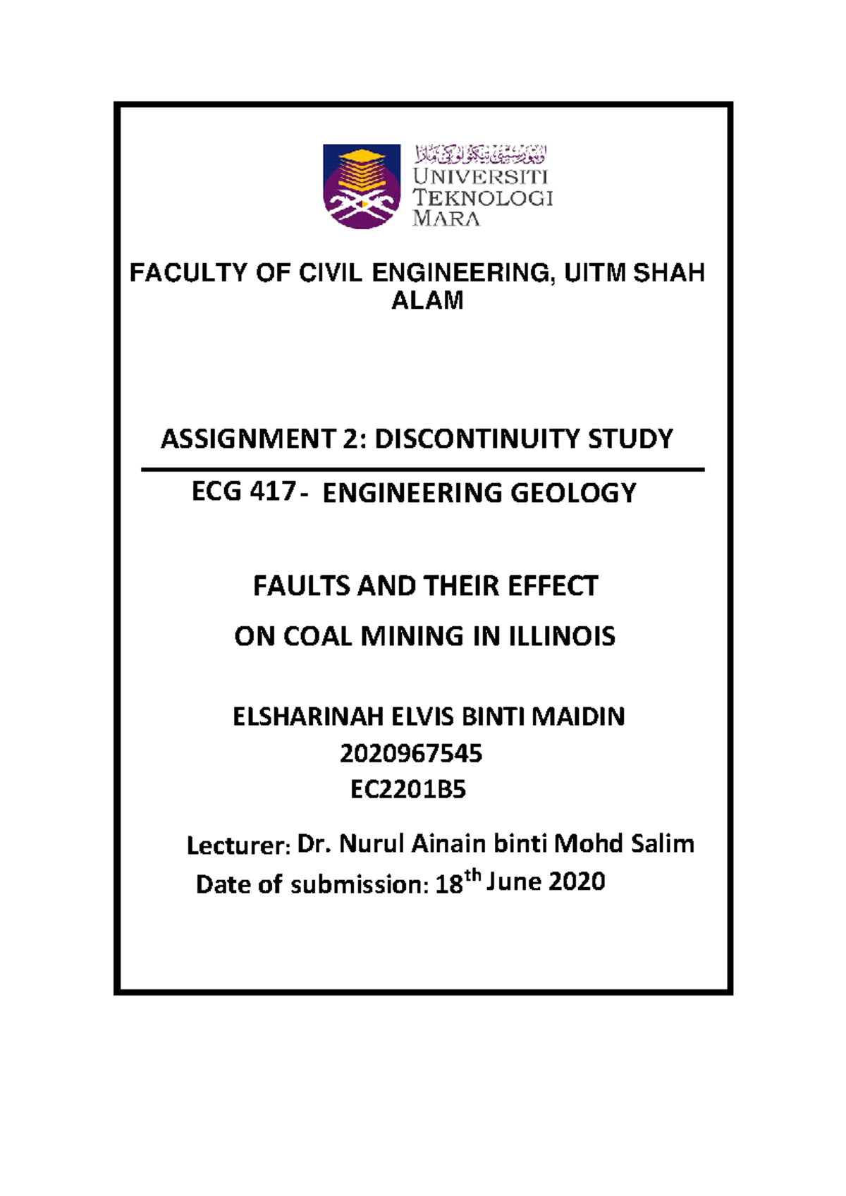ECG 417 - Assignment 2: Discontinuity Study in Coal Mining - Studocu