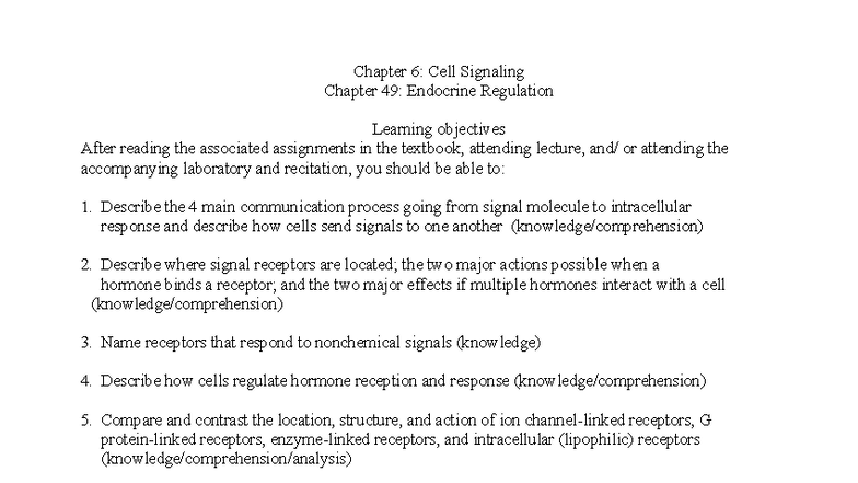Chap 6 & 49: Cell Signaling & Endocrine Regulation Notes SP22 - Studocu