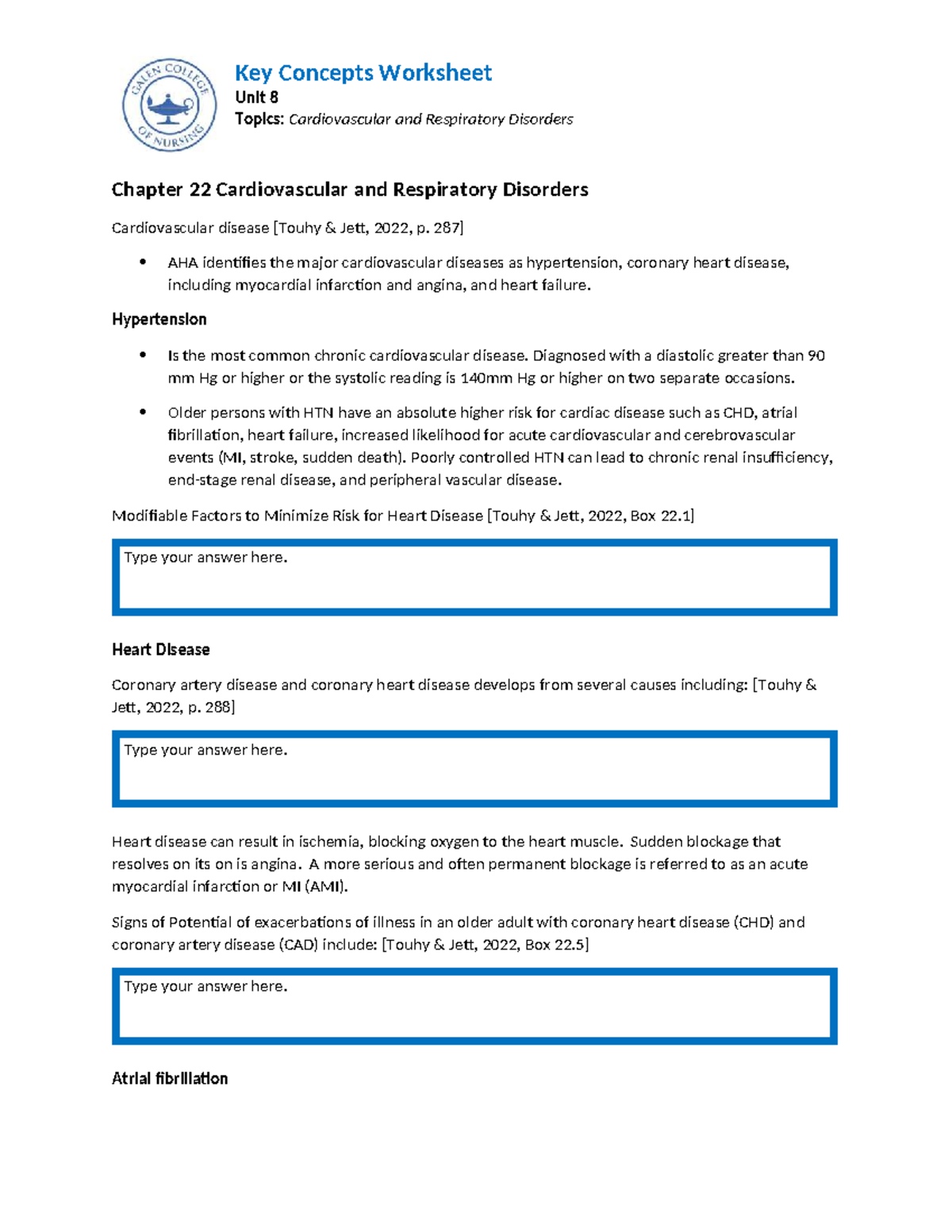 Unit 8 Key Concepts Worksheet: Cardiovascular & Respiratory Disorders ...