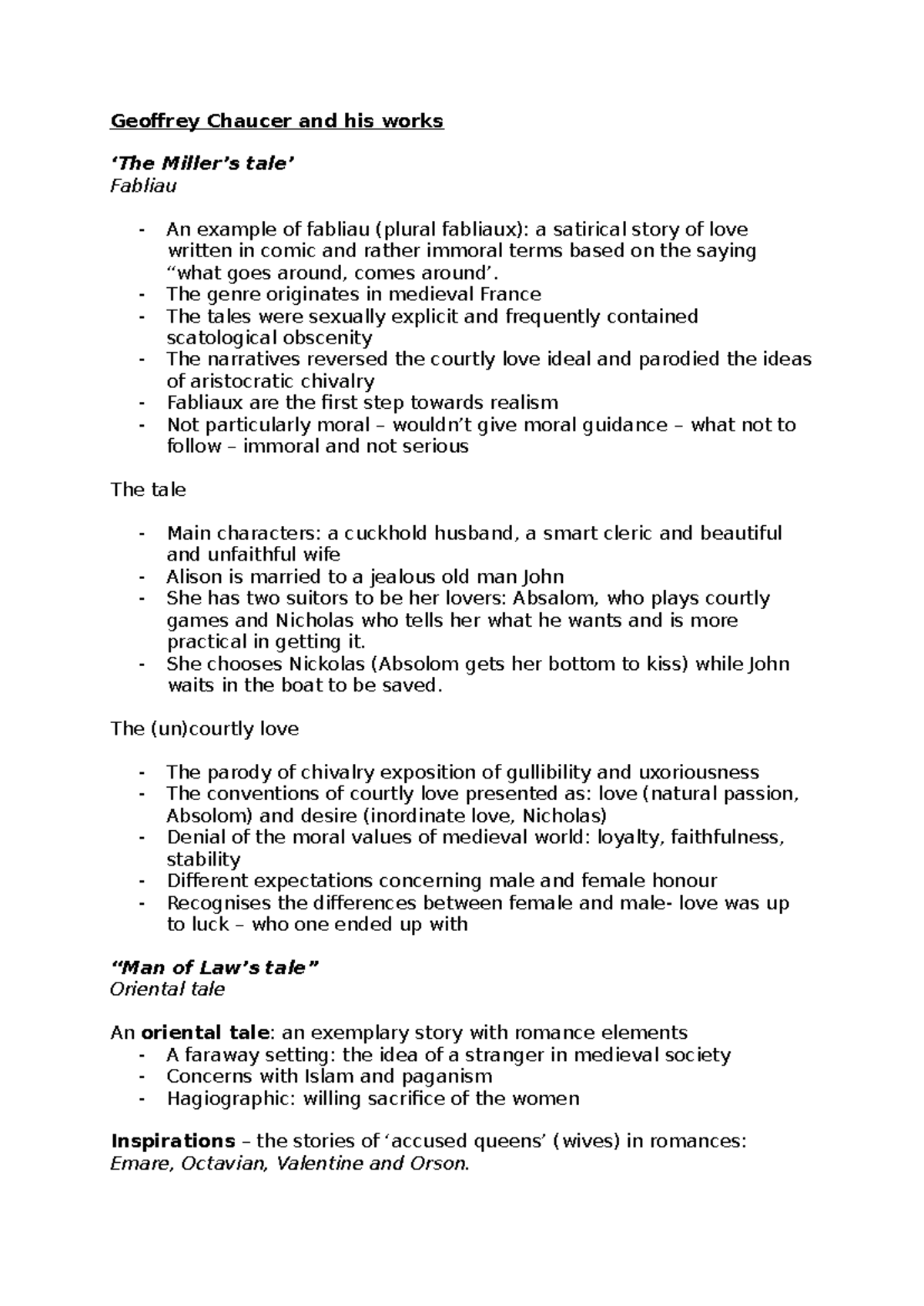 Chaucer's Works: A Study of Fabliaux and Religious Tales in ENG101 ...