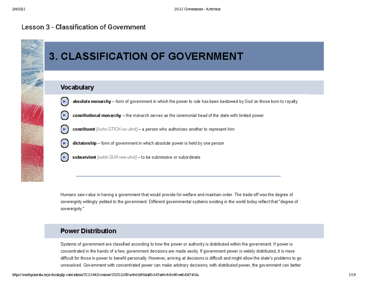 Gov PLP - Lesson 3: Classification of Government and Power Distribution ...