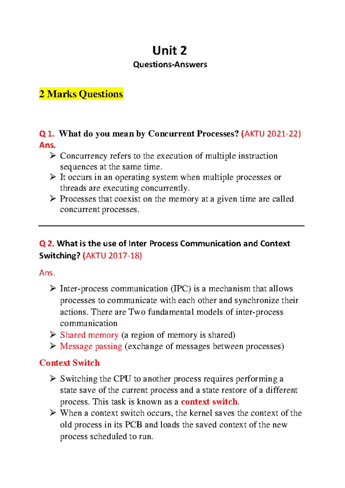 Unit 2 - Important Questions & Solutions on Concurrency (AKTU) - Studocu
