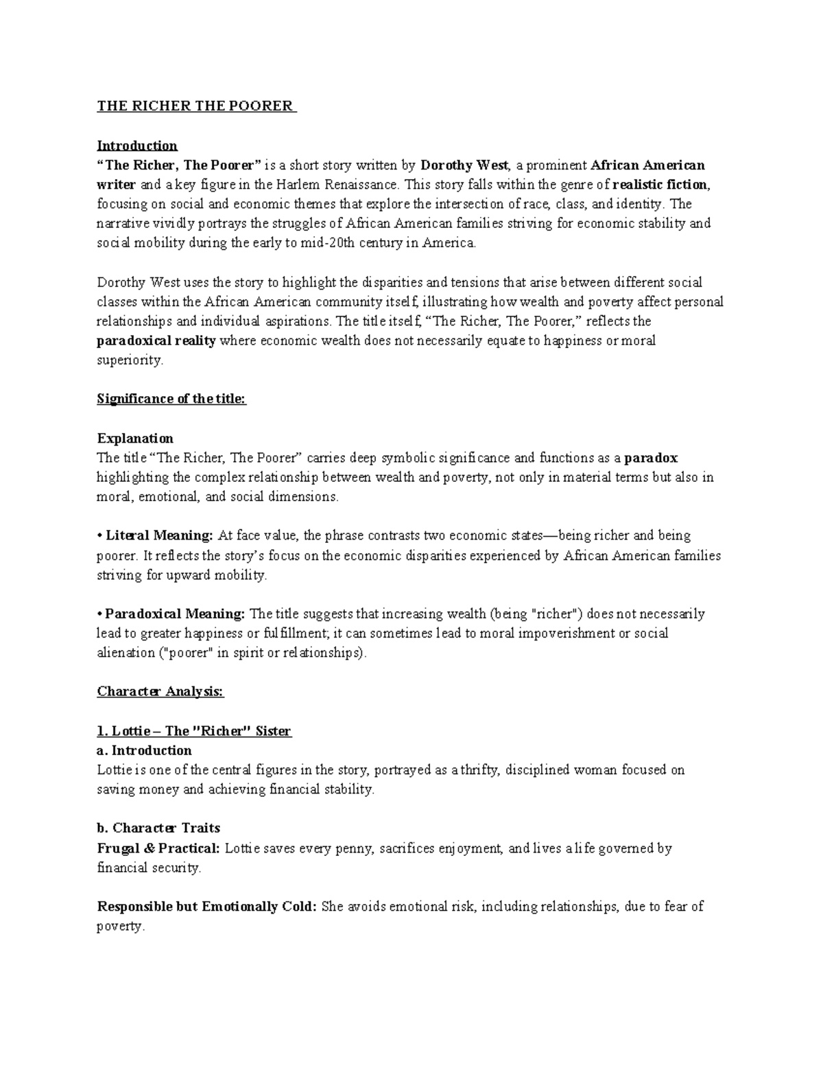 RICHER, THE POORER: Analysis & Themes of Dorothy West's Story - Studocu