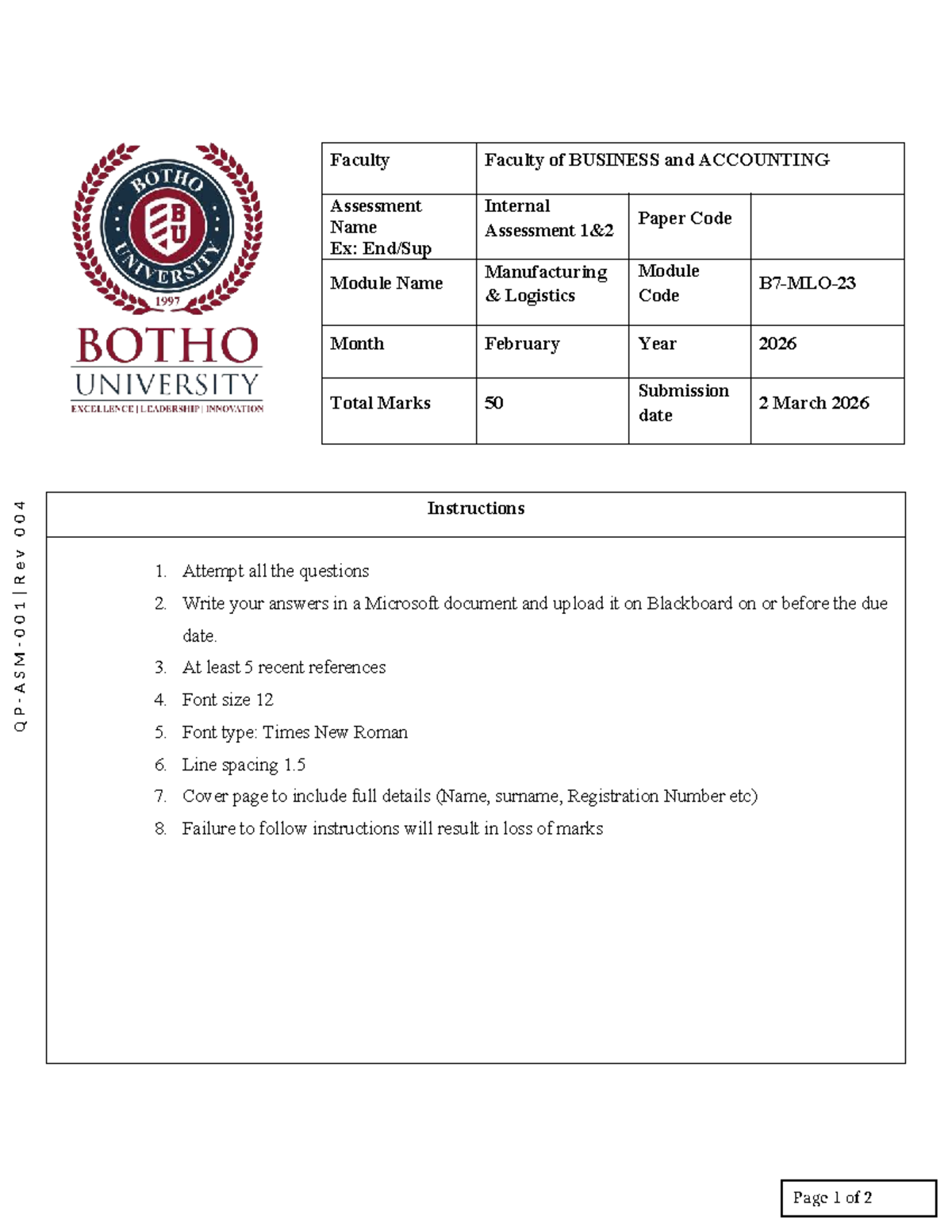 B7-LMO-23 Manufacturing Logistics Assignment 1 Guidelines 2026 - Studocu