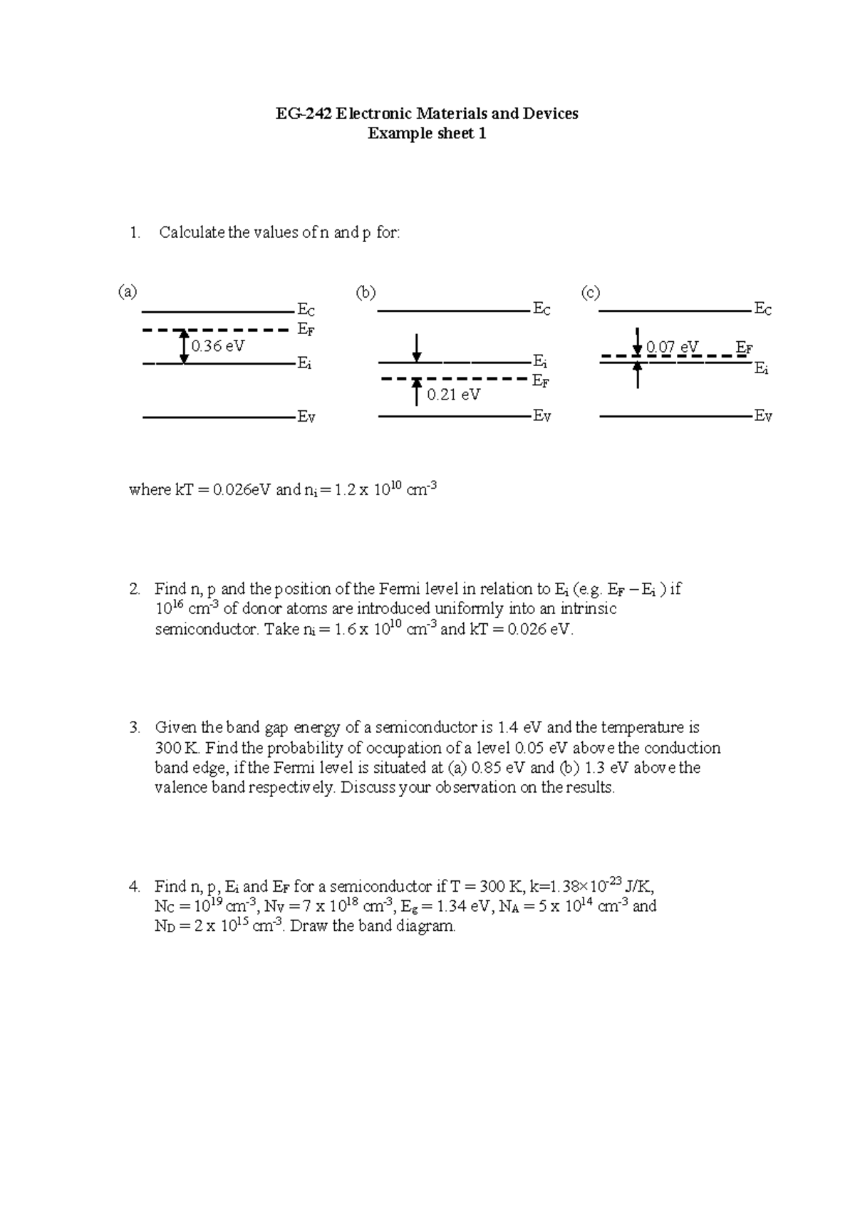 EG-242 Example Sheet 1 - EG-242 Electronic Materials and Devices ...