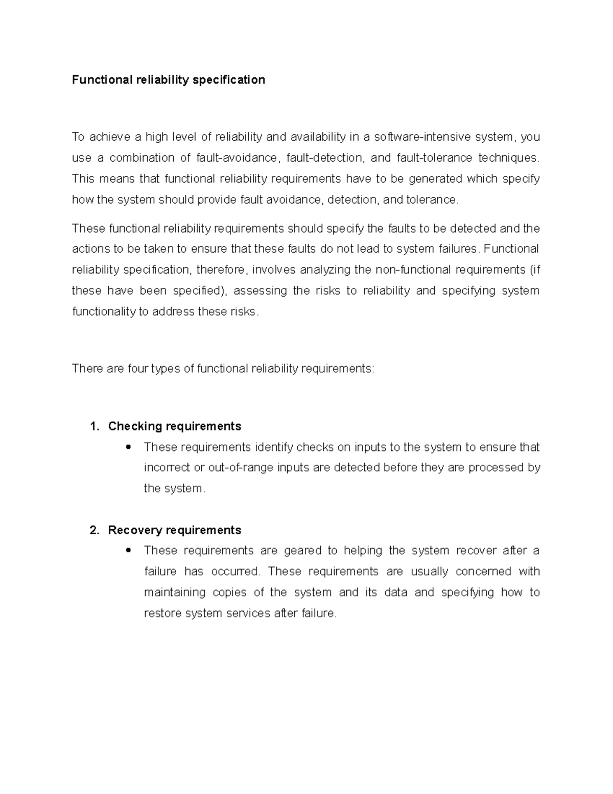 Functional reliability specification - This means that functional ...