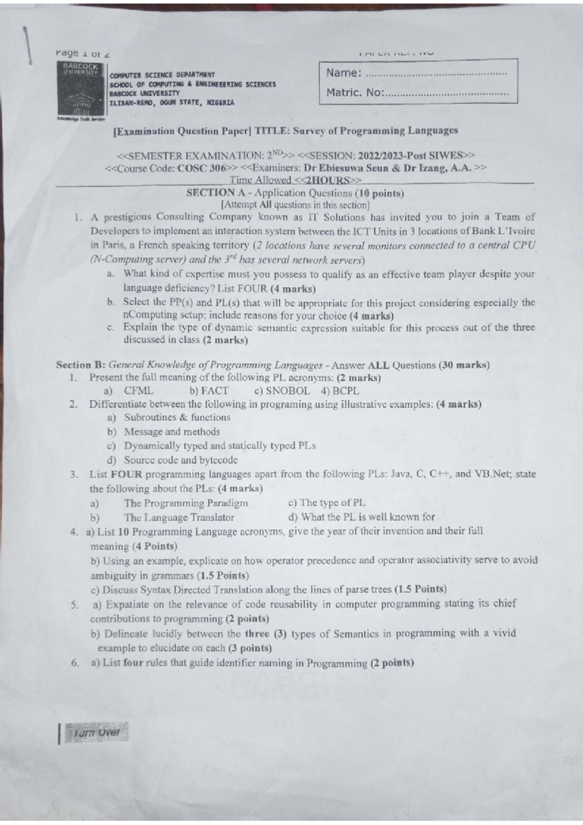 COSC 306: Survey of Programming Languages - 2nd Semester Exam - Studocu