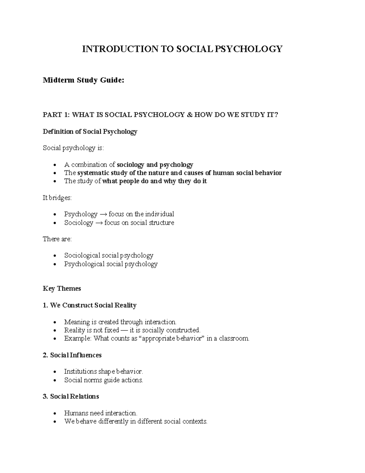 Introduction to Social Psychology (PSY 101) Midterm Study Guide - Studocu