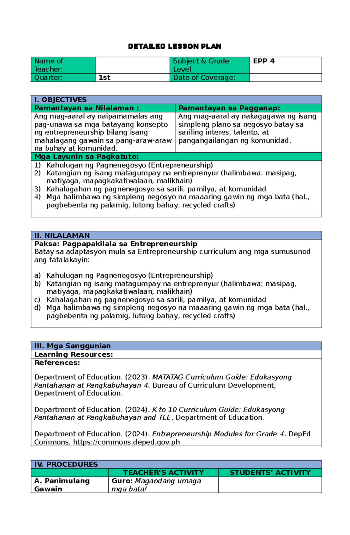 T6 Epp4 Q1 Detailed Lesson Plan On Entrepreneurship For Grade 4 Studocu