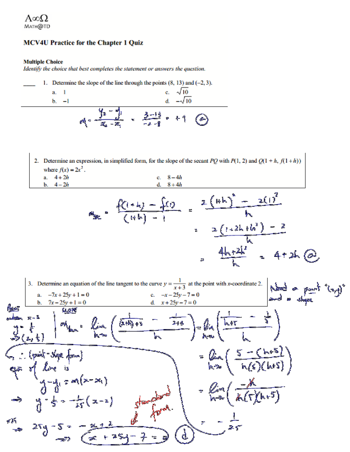 MCV4U Chapter 1 Quiz Practice Solutions: Multiple Choice Questions ...